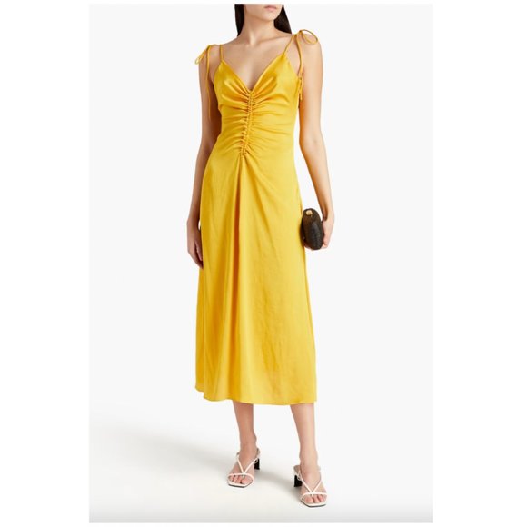 Sandro | Dresses | Sandro Praline Yellow Ruched Satin Midi Dress | Poshmark